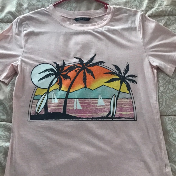 SHEIN | Tops | Shein Light Pink Tshirt Palm Tree Beach Scene | Poshmark